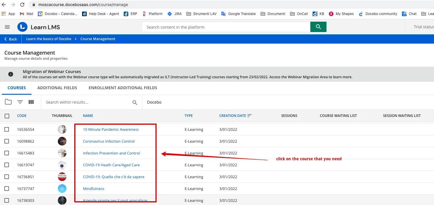 Click on the course. The course_id will appear at the end of the URL after /edit/