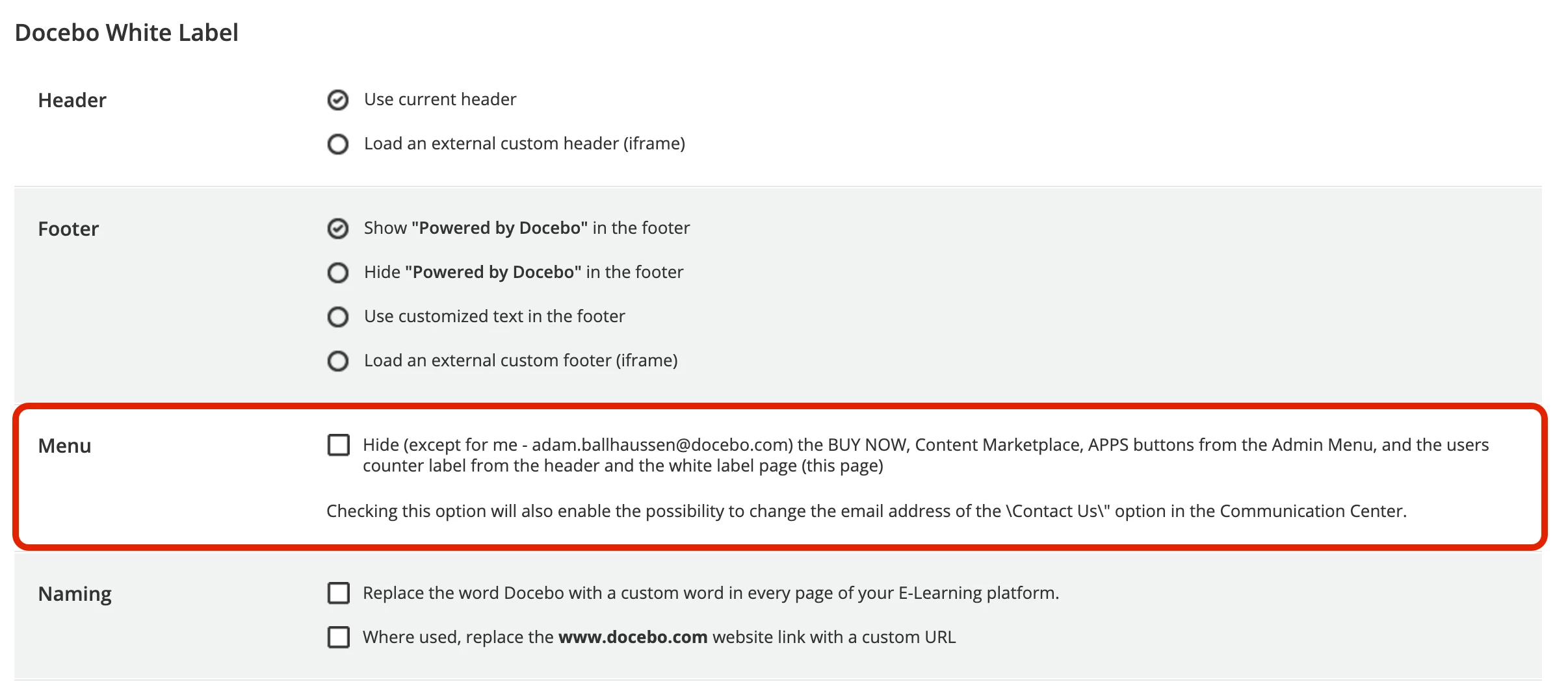 The Hide button in the Menu section of the Docebo White Label page ...