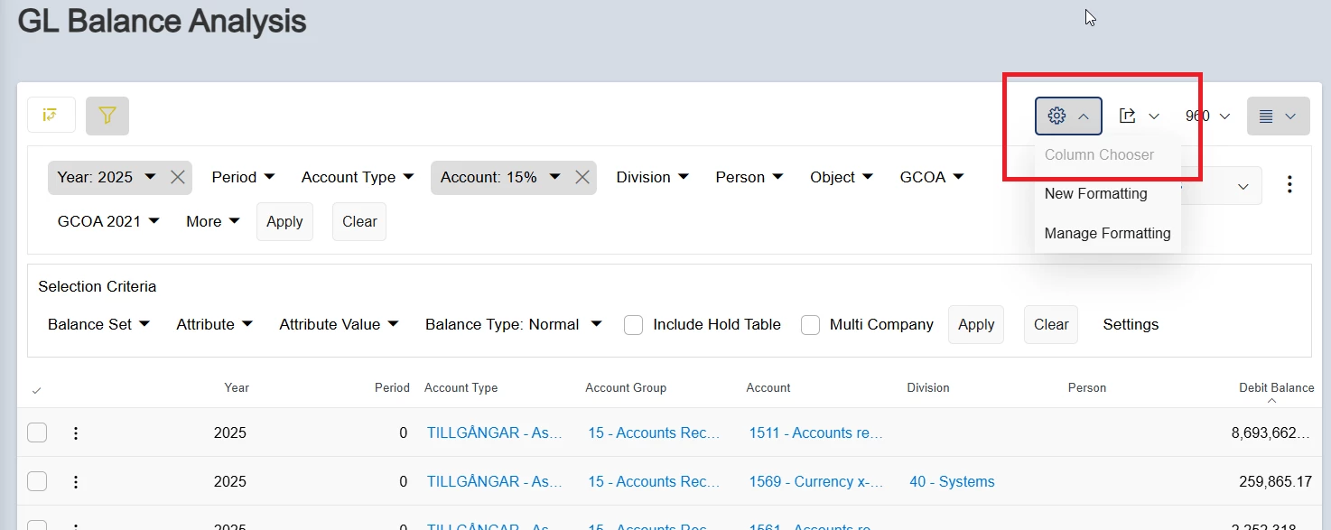 What is the reason to Remove Columns Chooser in GL Balance Analysis | IFS Community
